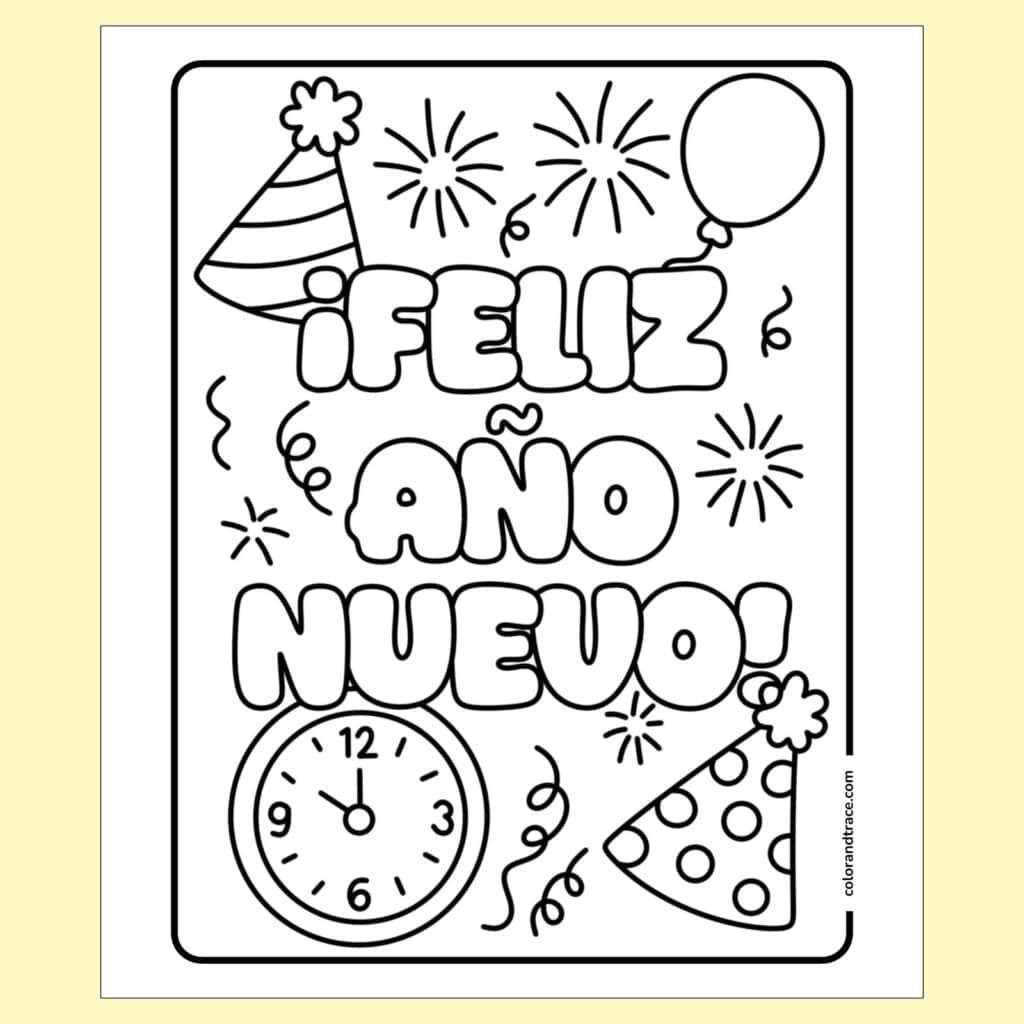 Free Printable Feliz Año Nuevo Coloring Page PDF - Color and Trace