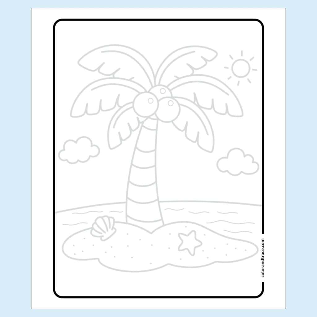 Free Palm Tree Beach Scene Coloring Page PDF - Color and Trace